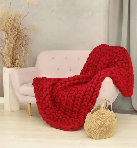 Red Throw Blanket 100% Wool Chunky Knit Blanket Giant - Etsy