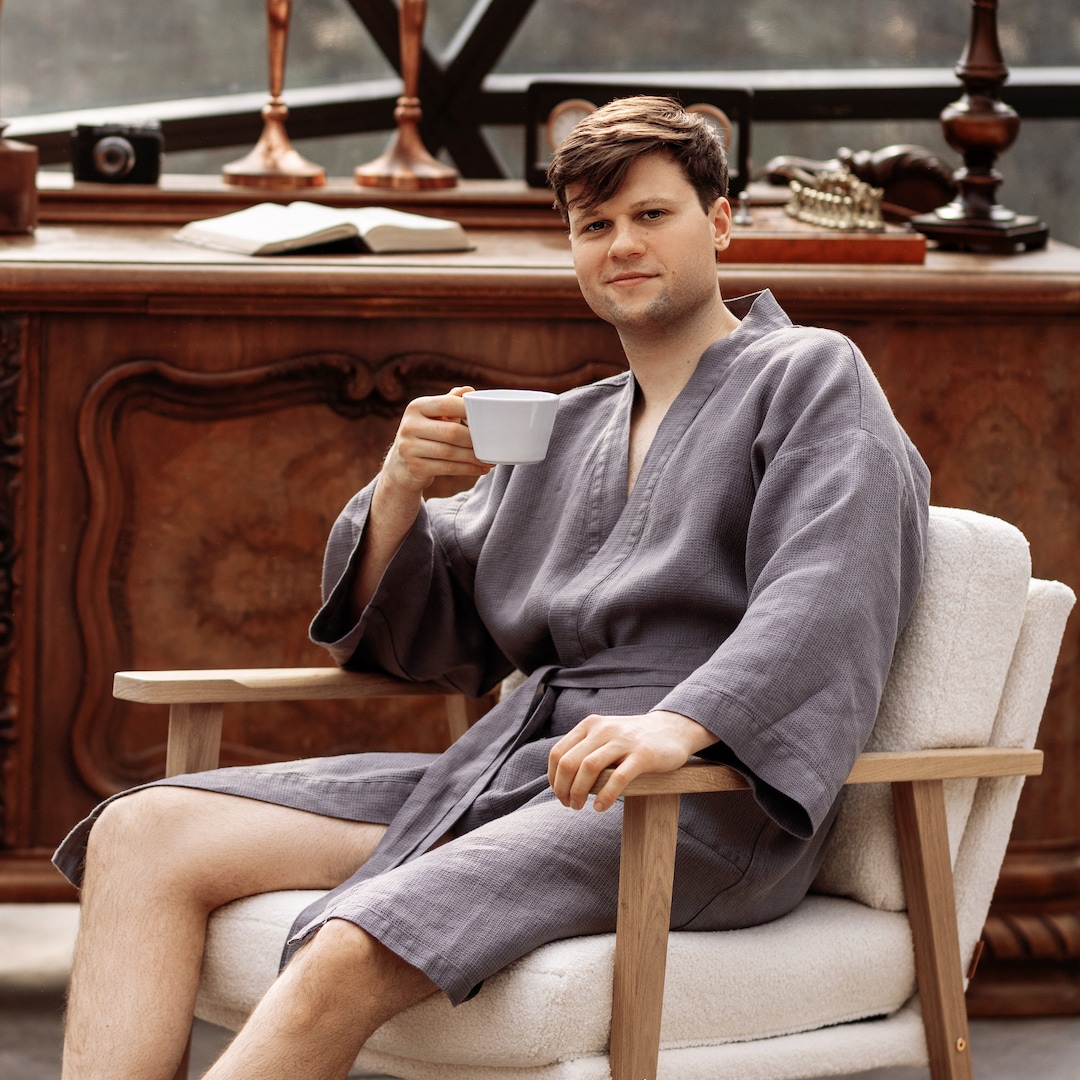 Mens Linen Robe. Waffle Weave Robe. Men Kimono Robe. Linen Bathrobe ...
