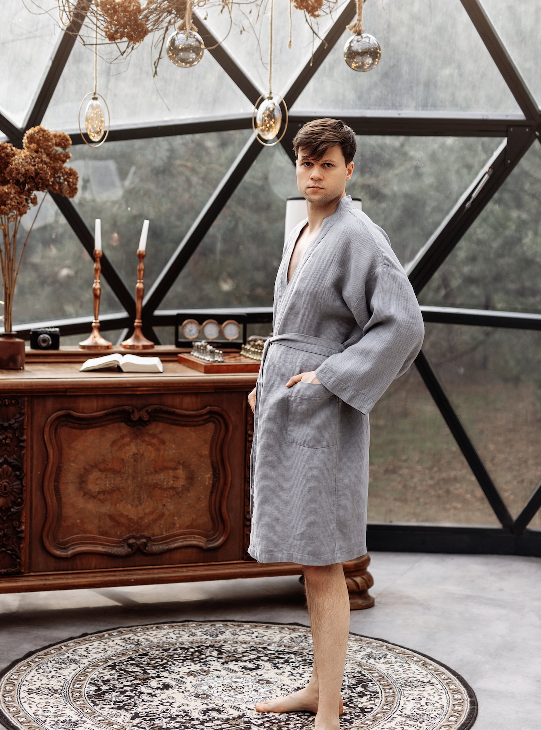 Men's Linen Robe, Bathrobe Waffle Weave Texture With Kimono Sleeves ...