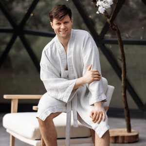 Mens Linen Robe. Waffle Weave Robe. Men Kimono Robe. Linen Bathrobe ...