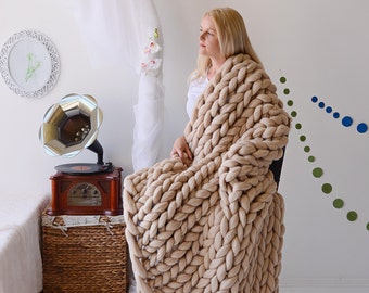 Black Chunky Merino Blanket Hand Knit Merino Blanket Giant - Etsy