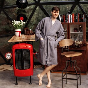 Mens Linen Robe. Waffle Weave Robe. Men Kimono Robe. Linen Bathrobe ...