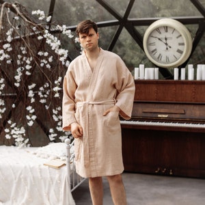 Mens Linen Robe. Waffle Weave Robe. Men Kimono Robe. Linen Bathrobe ...