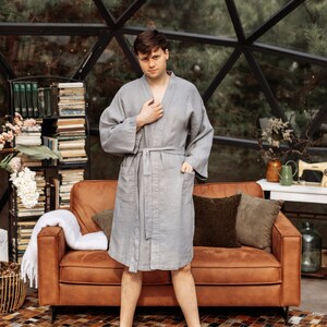 Mens Linen Robe. Waffle Weave Robe. Men Kimono Robe. Linen Bathrobe ...