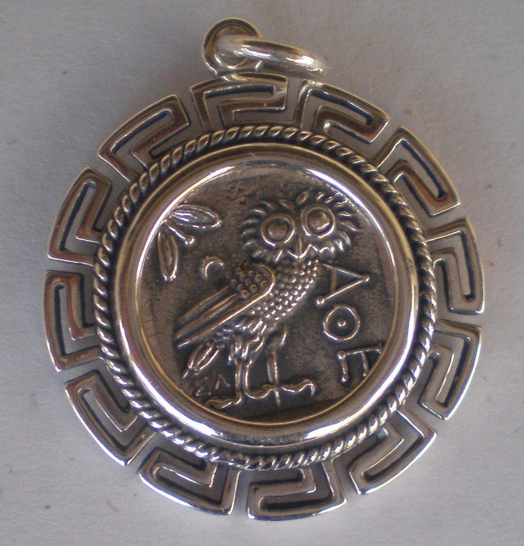 Owl of Wisdom Coin Pendant With Meander Design Symbol of - Etsy