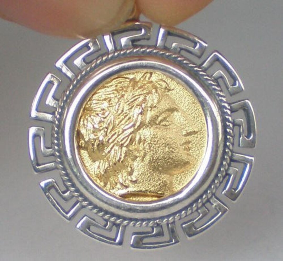 Apollo Silver Coin Pendantgold Plated Maiander Olympian - Etsy