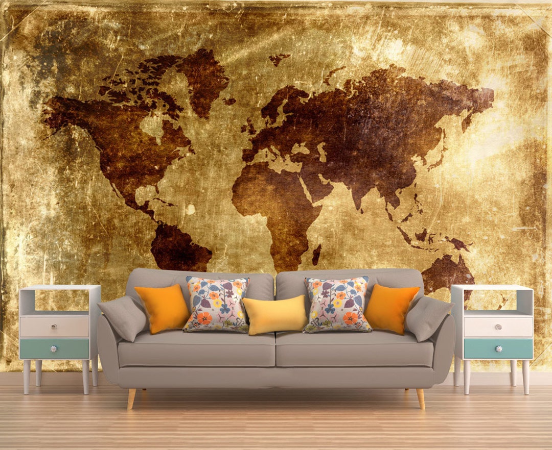 Distressed Map Peel & Stick Wall Mural, VINTAGE MAP of the WORLD ...