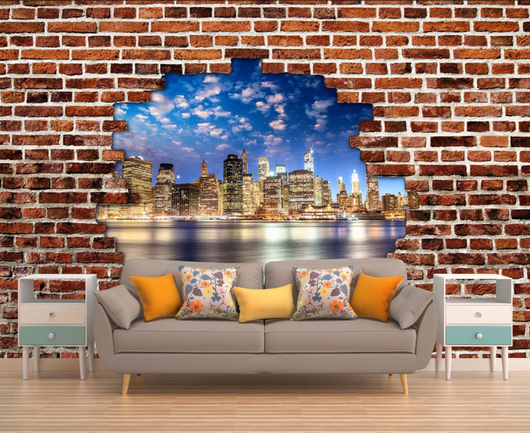 Brick Wall Mural, CITY VIEW WALLPAPER, Manhattan Wall Covering, Bricks Wall Art, 3D Wall Hanging ...