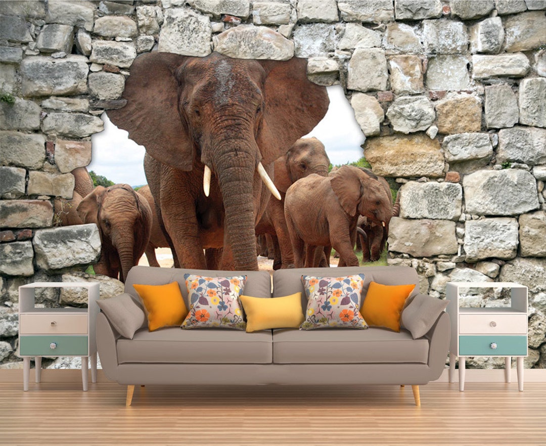 STONES WALL MURAL, Elephants Wall Art, Peel and Stick, Animals Wall ...