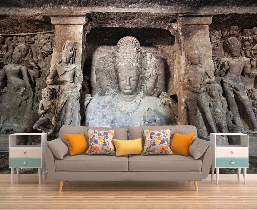 Mural de papel pintado con estatua de la cueva de Bombay, decoración ...