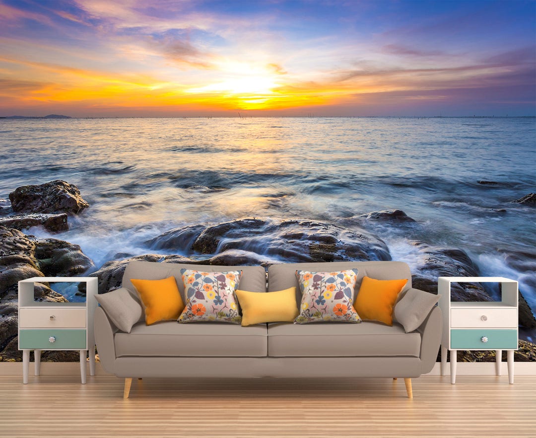 Sunset Wall Covering, Stones Wallpaper, PEEL AND STICK Wall Art, Sun ...
