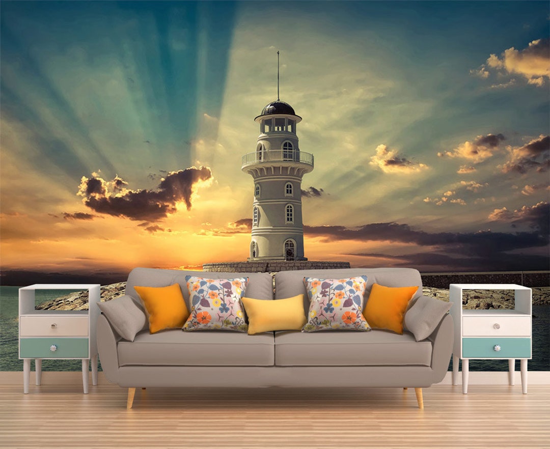 ROMANTIC LIGHTHOUSE WALLPAPER, Sunset Wall Mural, Peel and Stick ...