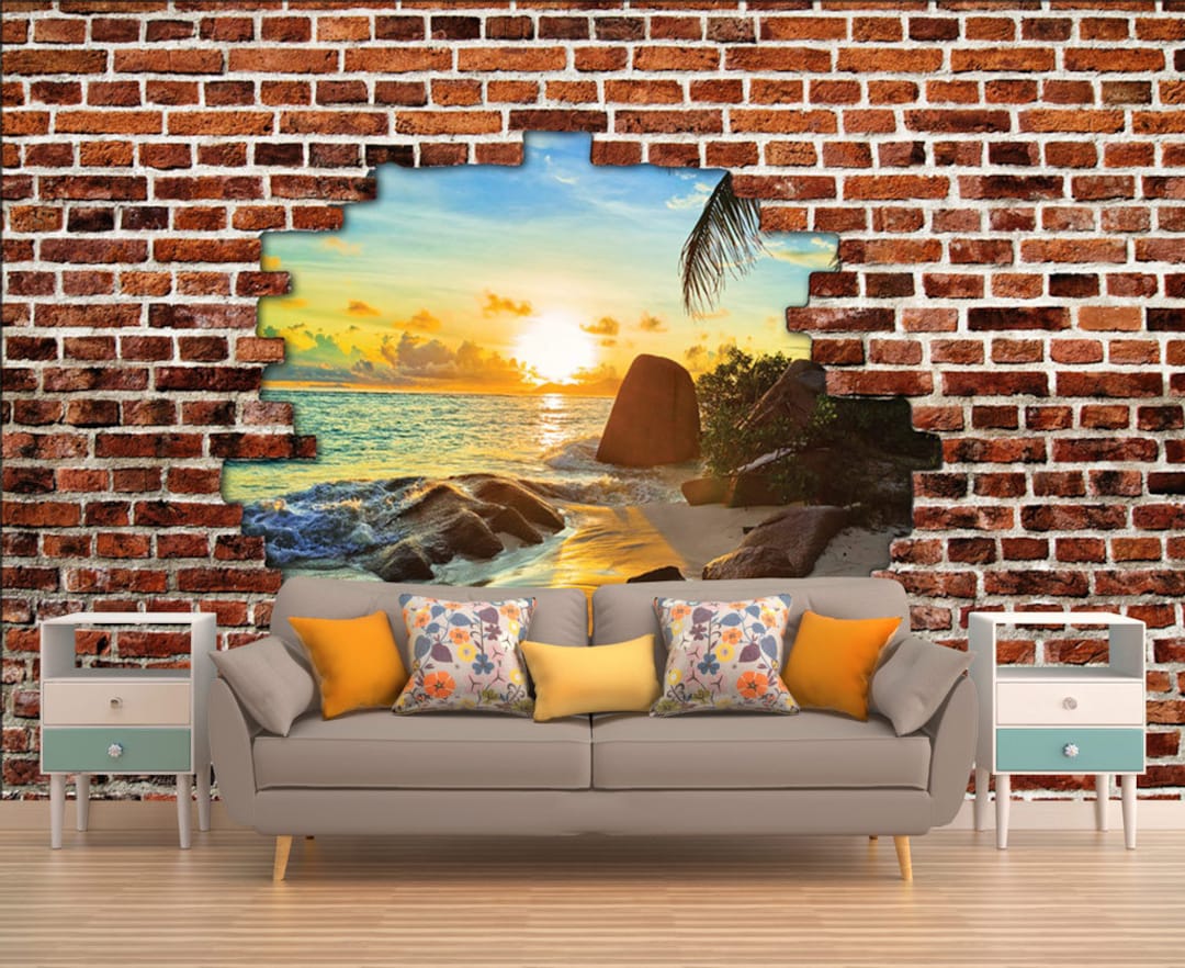 Brick Wall Wallpaper, BEACH VIEW WALL Covering, Rocky Coast Wall Sheet ...