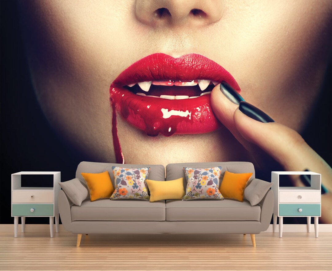 Vampire Wall Decor, HALLOWEEN WALL MURAL, Blood Wall Tapestry, Red Lips ...
