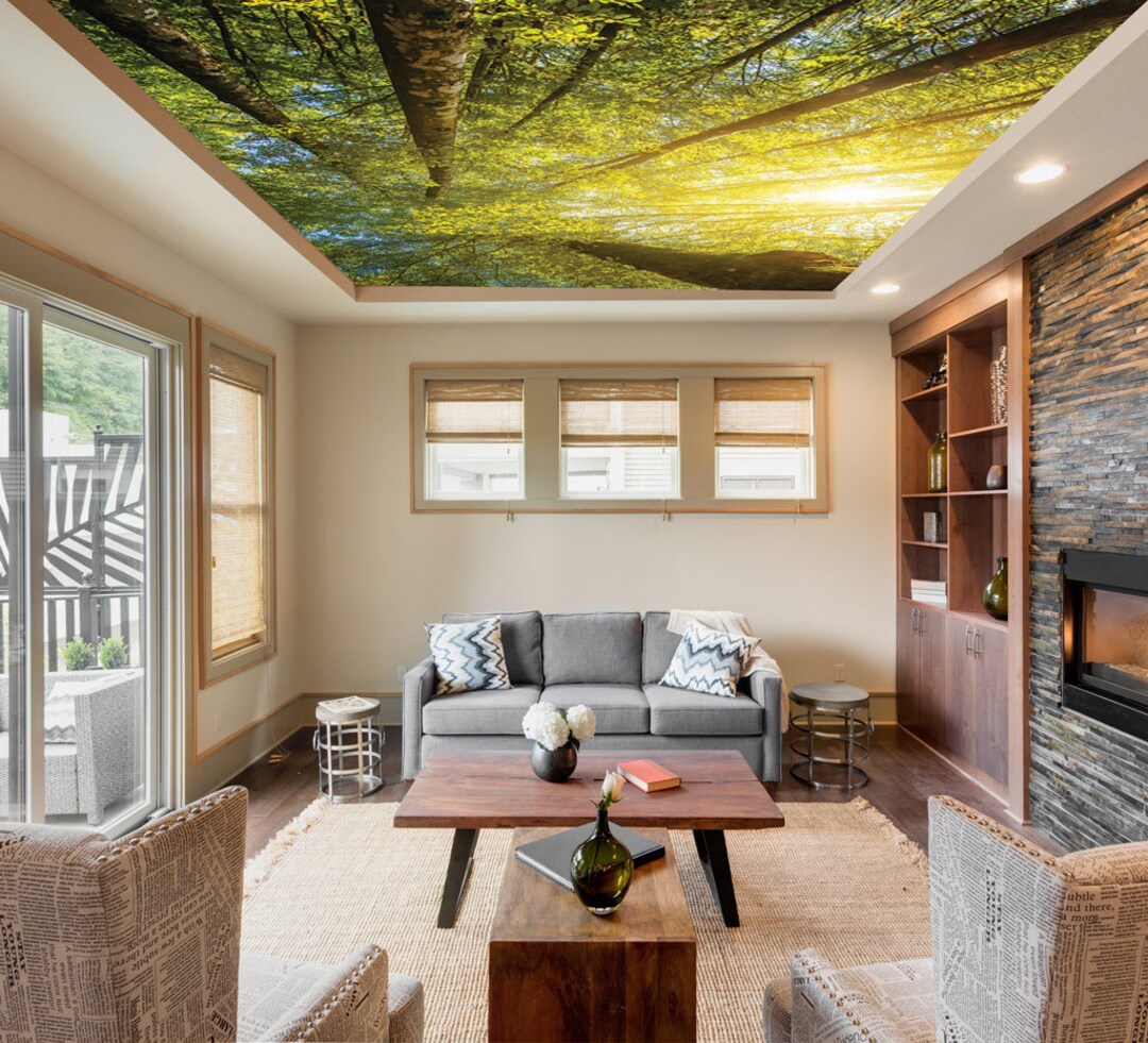 TREE LIGHTS WALLPAPER, Ceiling Covering, Trees Ceiling Mural, Sun ...