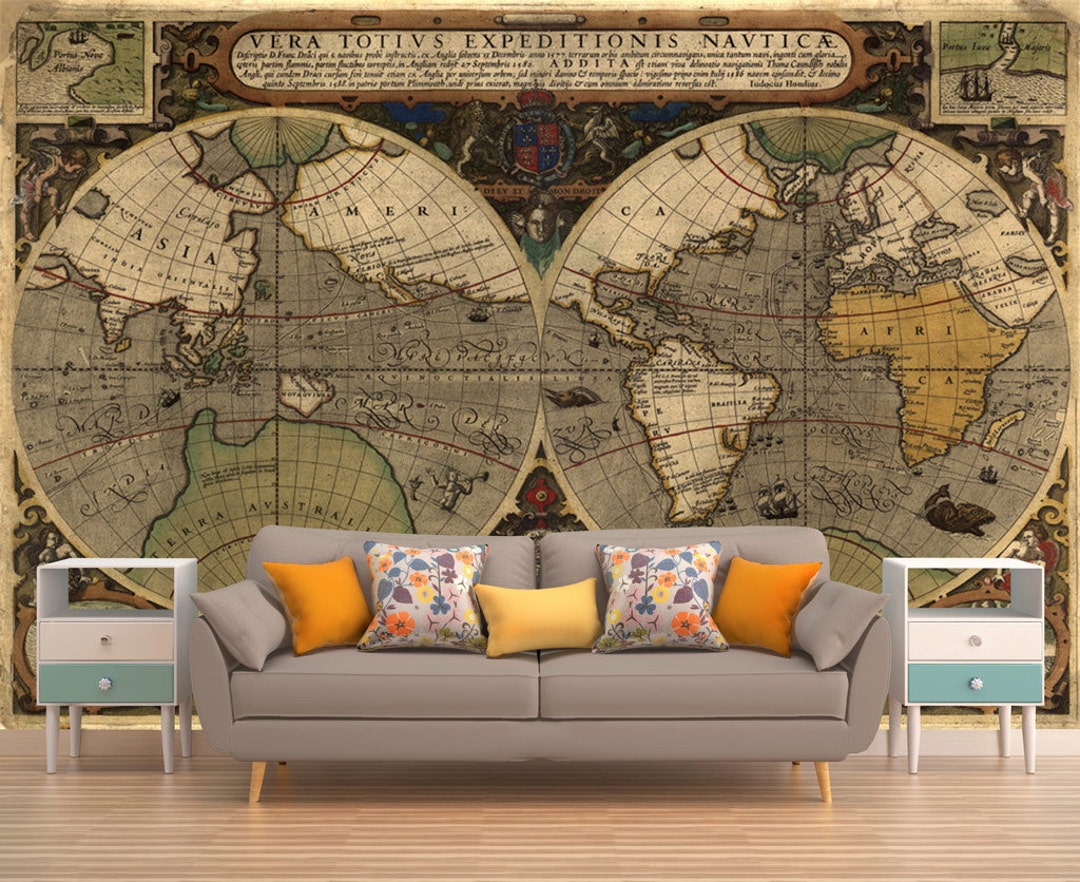 Antique Map Wall Décor, VINTAGE MAP of the World, Peel and Stick, Old ...