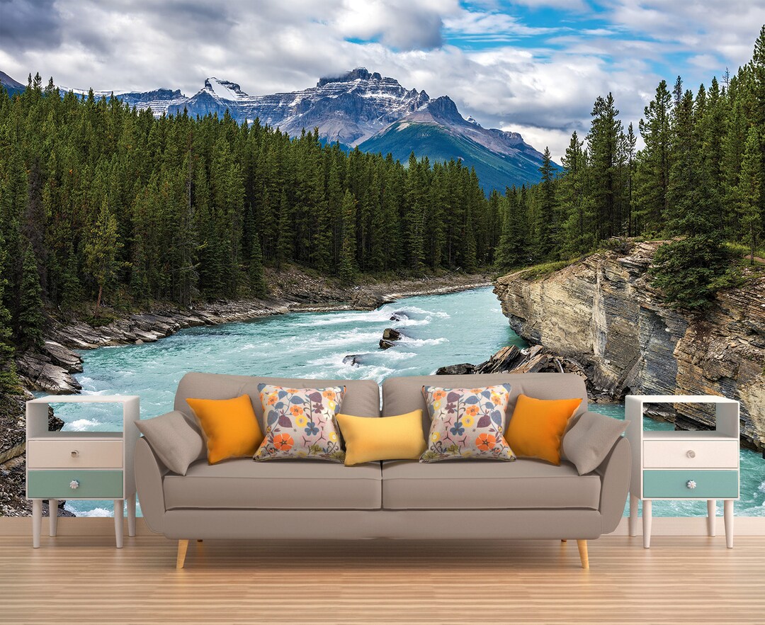 Mountain Wallpaper, River Wall Mural, Pine Trees, Mountain Wall ...