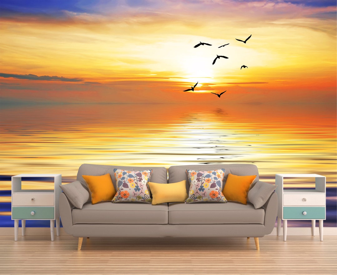 Tropical Wallpaper, Sunrise Wall Mural, Ocean Wall Covering, Sea Wall ...