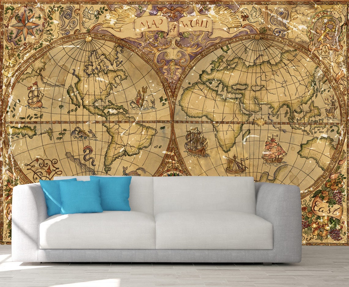 Peel and Stick Wallpaper VINTAGE MAP of the WORLD Rustic Map | Etsy
