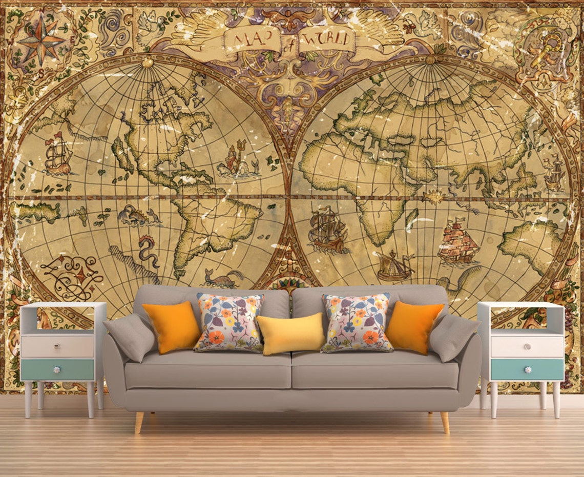 Peel and Stick Wallpaper VINTAGE MAP of the WORLD Rustic Map | Etsy
