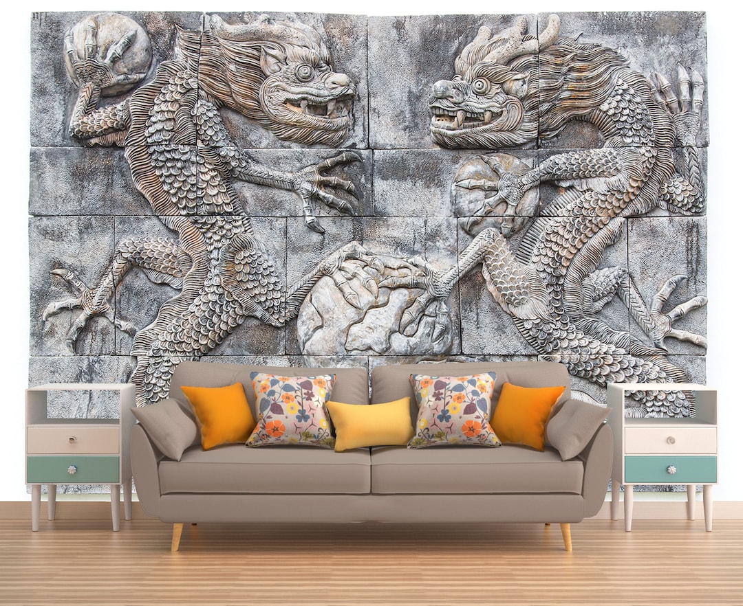 DRAGONS WALL ART, Chinese Dragon Statue, Peel and Stick, Cement Wall ...