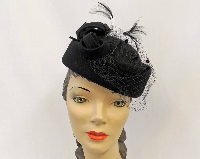 Black Vintage Style 1940’s 1950’s Inspired Pillbox Hat With Net Trim - Etsy
