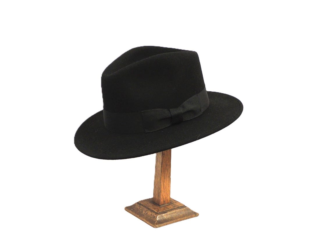 Black Classic Wide Brim 100% Wool Fedora Hat Vintage 1930s 1940s Style ...
