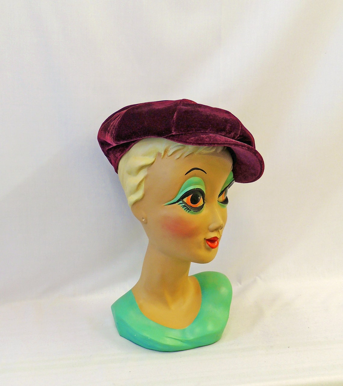 Burgundy Red Velvet Vintage Style 1960s 1970s Hippy Boho Baker Boy Cap ...