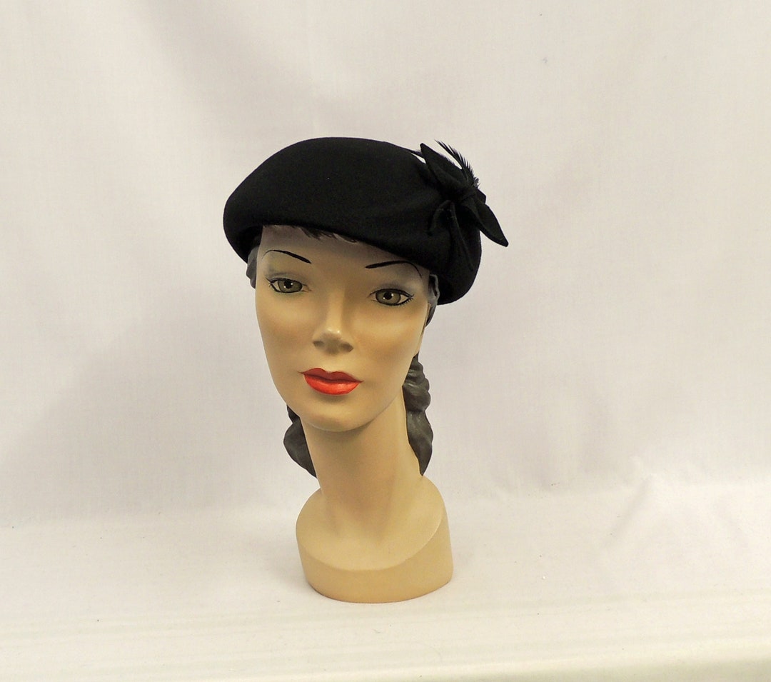 Black Vintage Style 1940’s 1950’s Inspired Percher Hat With Feather ...