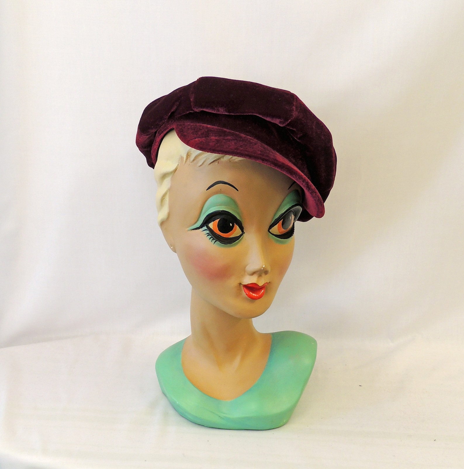 Burgundy Red Velvet Vintage Style 1960s 1970s Hippy Boho Baker Boy Cap ...