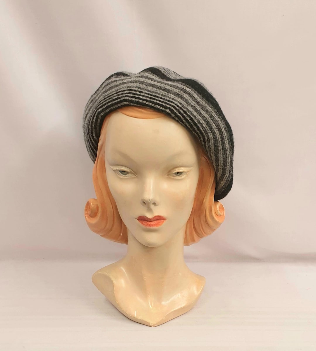 Grey Striped 100% Pure Wool Beret Classic 1930's 1940's Vintage Style ...