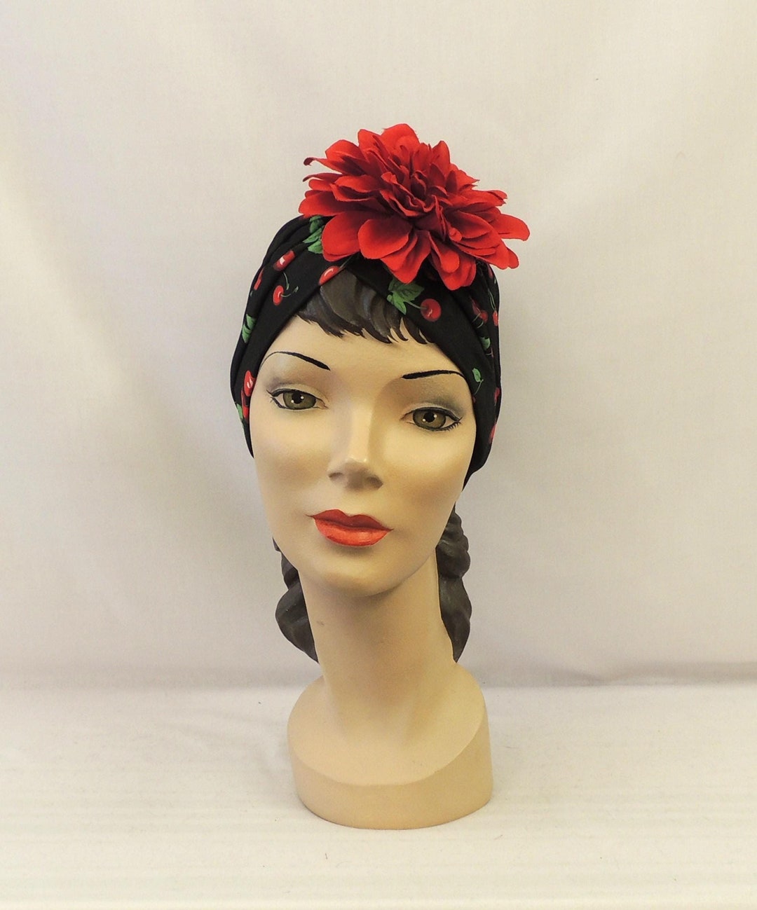 Cherry Print With Red Flower Vintage 1940s Style Turban - Etsy
