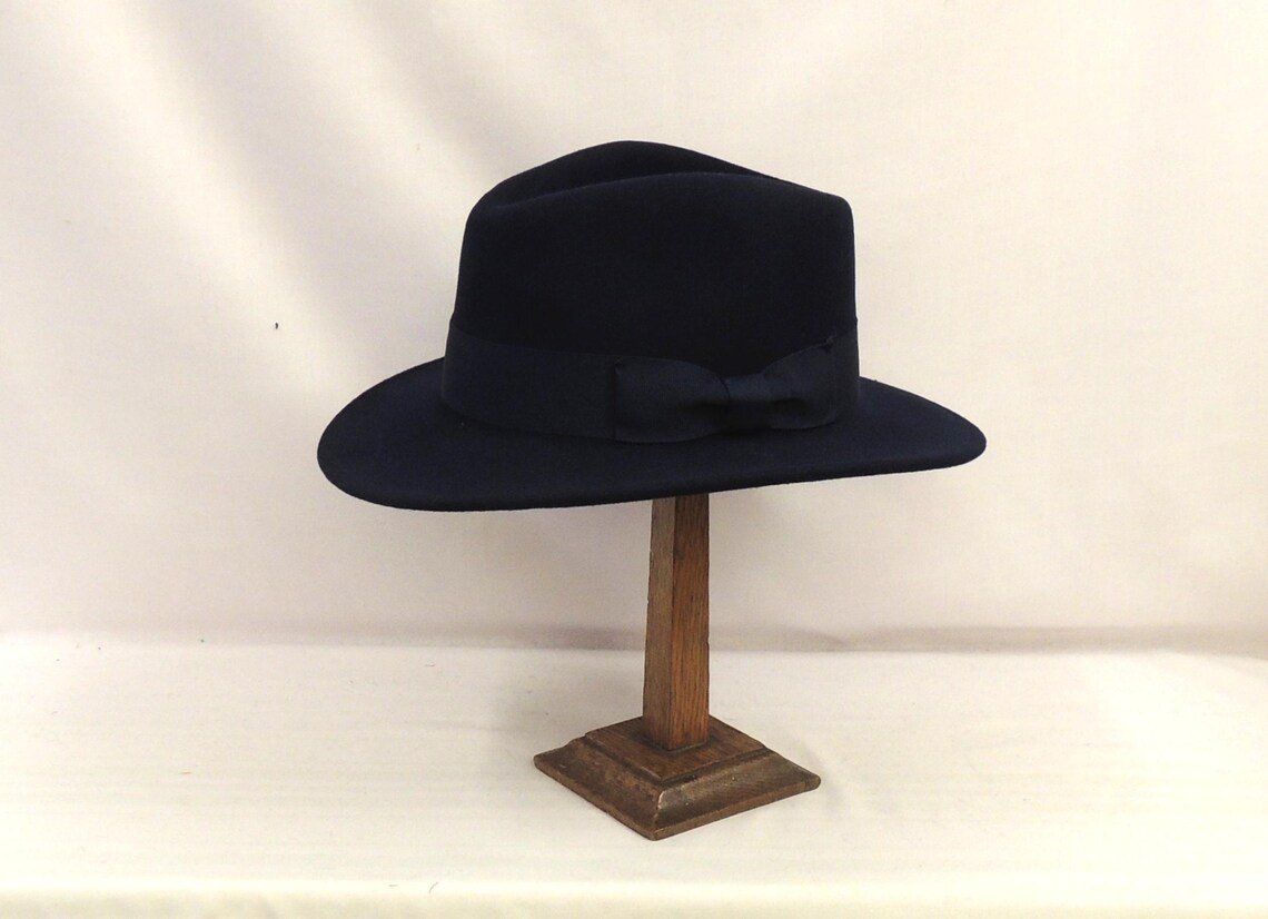 Navy Blue Classic Wide Brim 100% Wool Fedora Hat Vintage 1930s 1940s ...