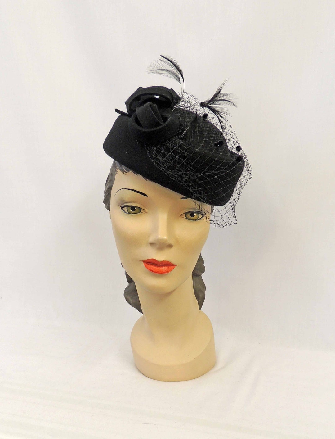 Black Vintage Style 1940’s 1950’s Inspired Pillbox Hat With Net Trim - Etsy