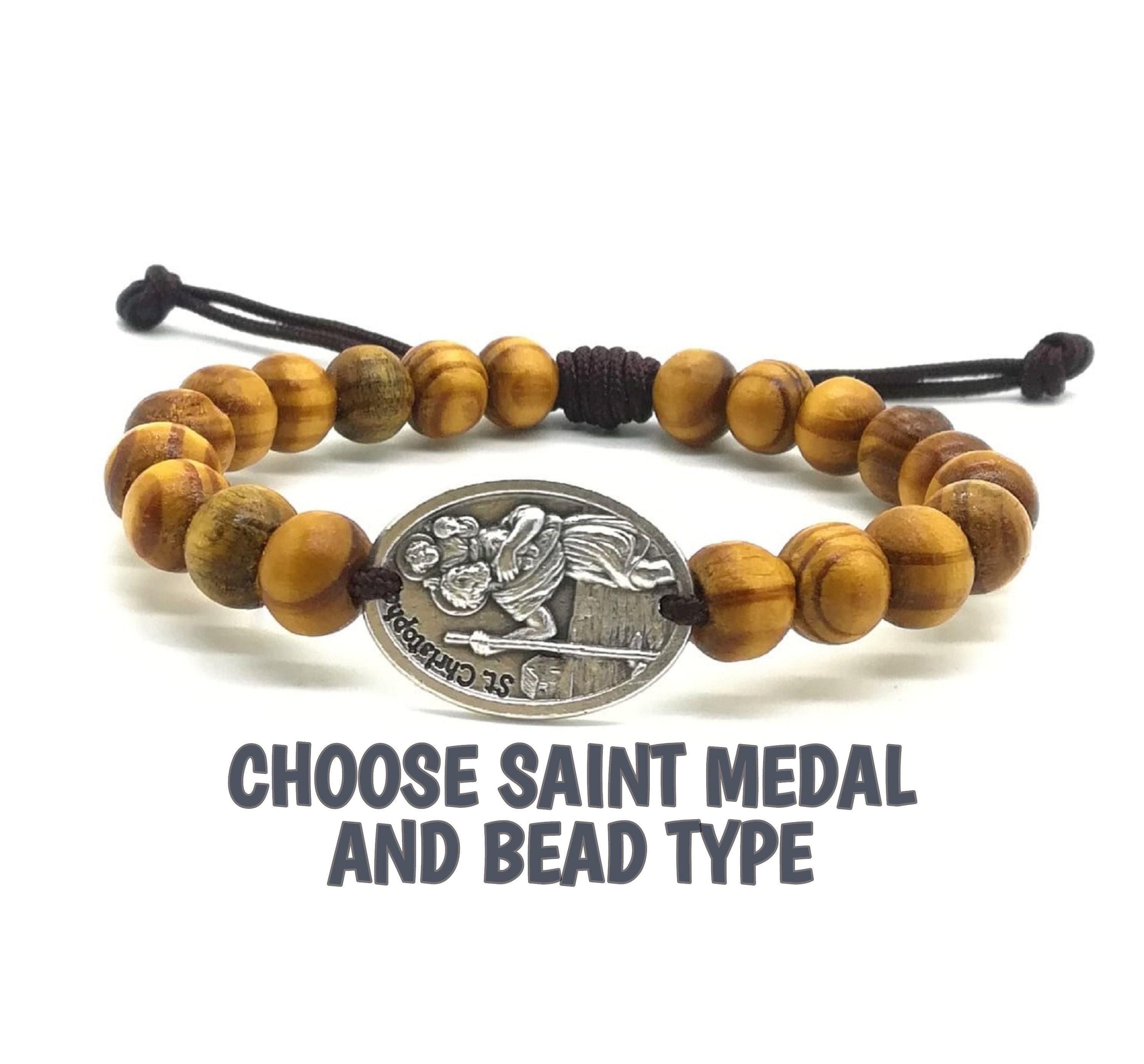 St Christopher Bracelet Wooden Beads Catholic Medal Blessing | Etsy
