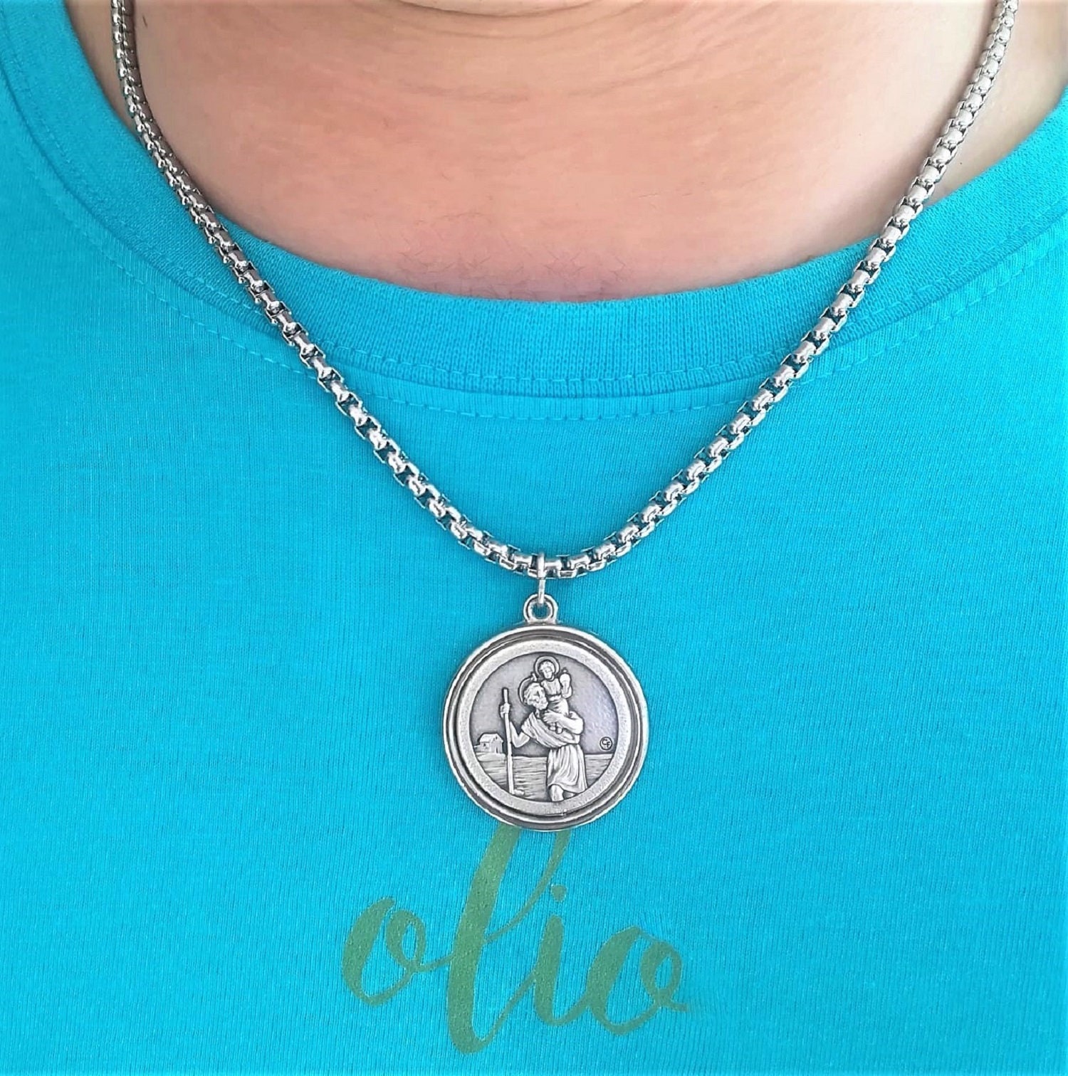 St Christopher Necklace for Men, Stainless Steel Chain, Saint ...