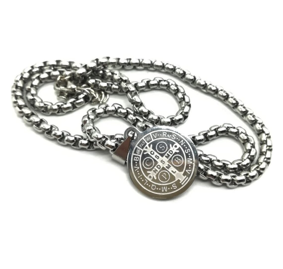 Stainless Steel St Benedict Charm Chain Cross Necklace Catholic Saint ...