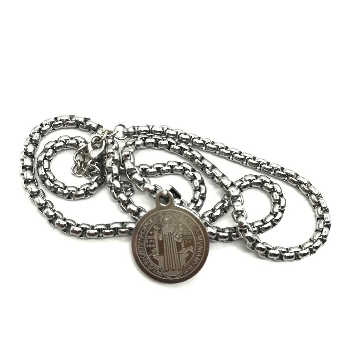 Stainless Steel St Benedict Charm Chain Cross Necklace Catholic Saint ...