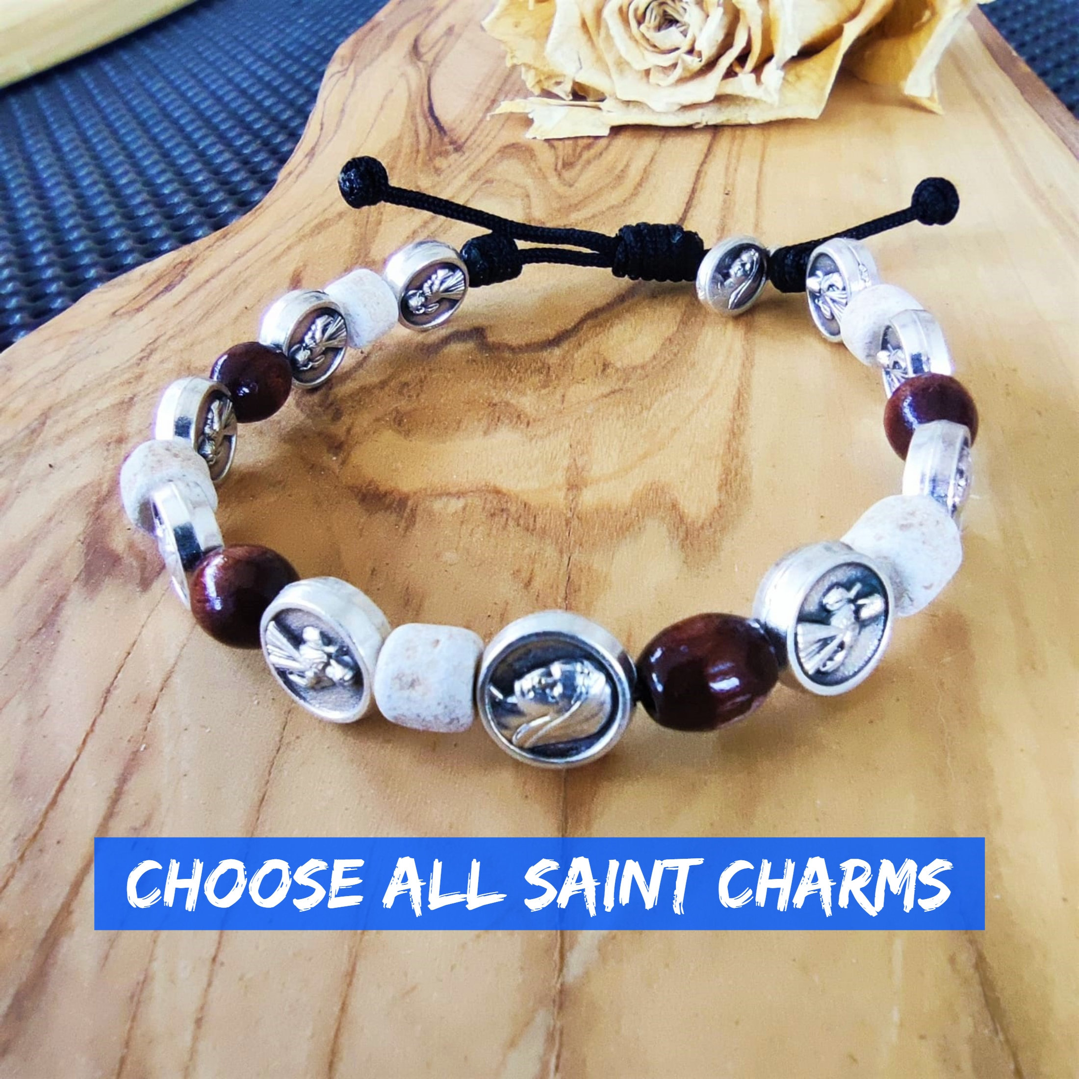 Catholic saint bracelet wood and stone beads rosary | Etsy