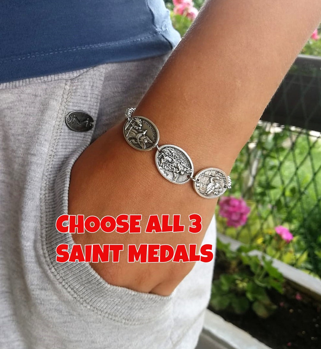Catholic Chain Bracelet - 3 Patron Saint Medals - Adjustable Size - St ...