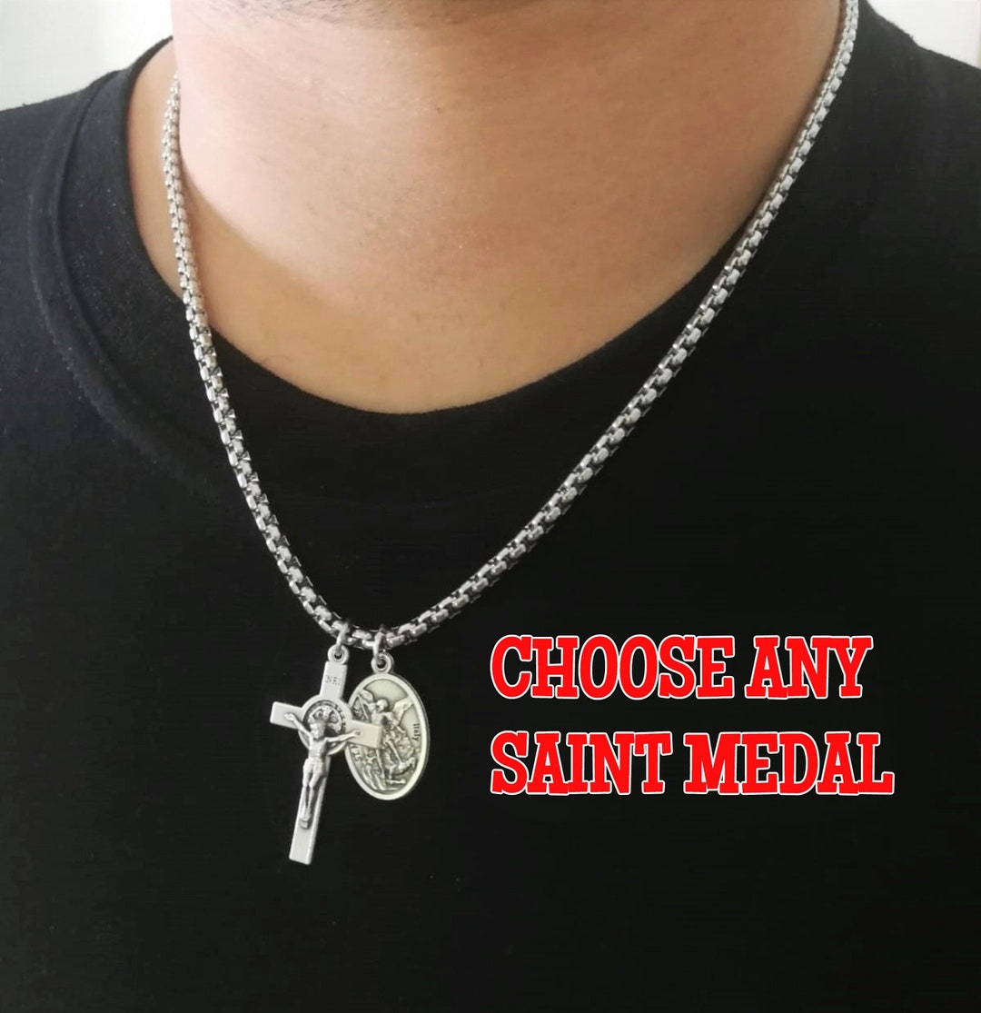 Religious Chain Cross Necklace Catholic Saint Medal Mens Womens ...