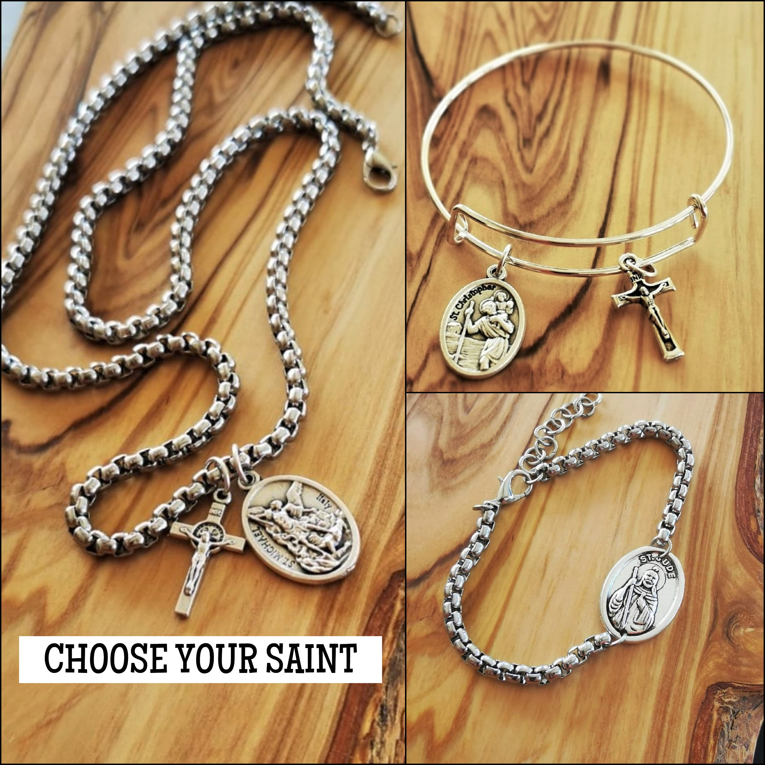 Catholic Jewelry - Patron Saint Medal Charm Bangle Bracelet Necklace ...