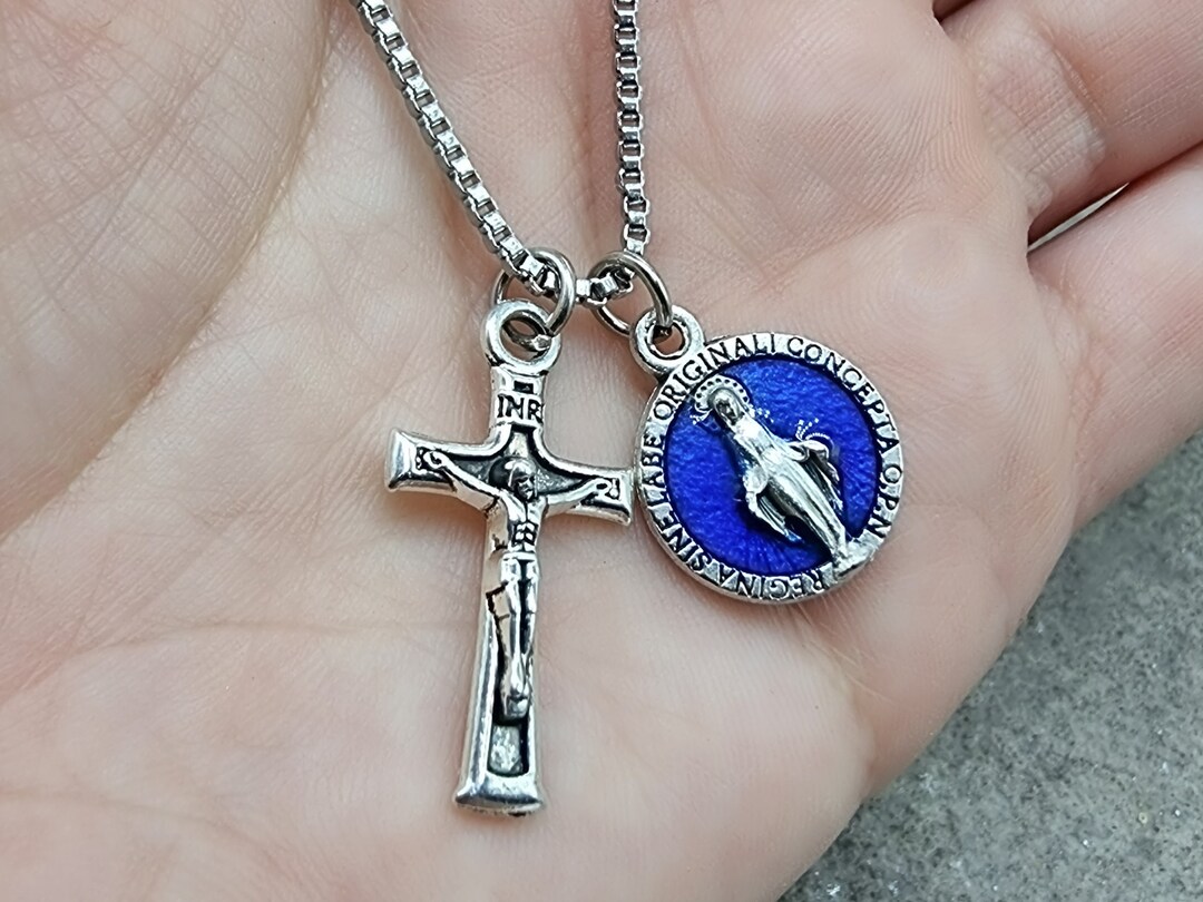 Catholic Cross Pendant Necklace, Blue Miraculous Medal Charm Necklace ...