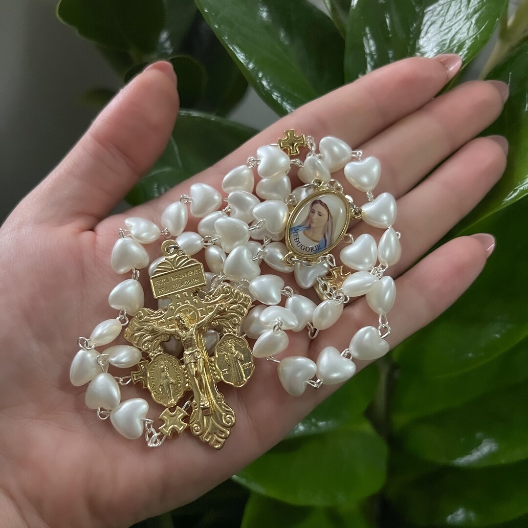 Pardon Cross Crucifix Gold Golden Pendant White Rosary Heart Shaped ...