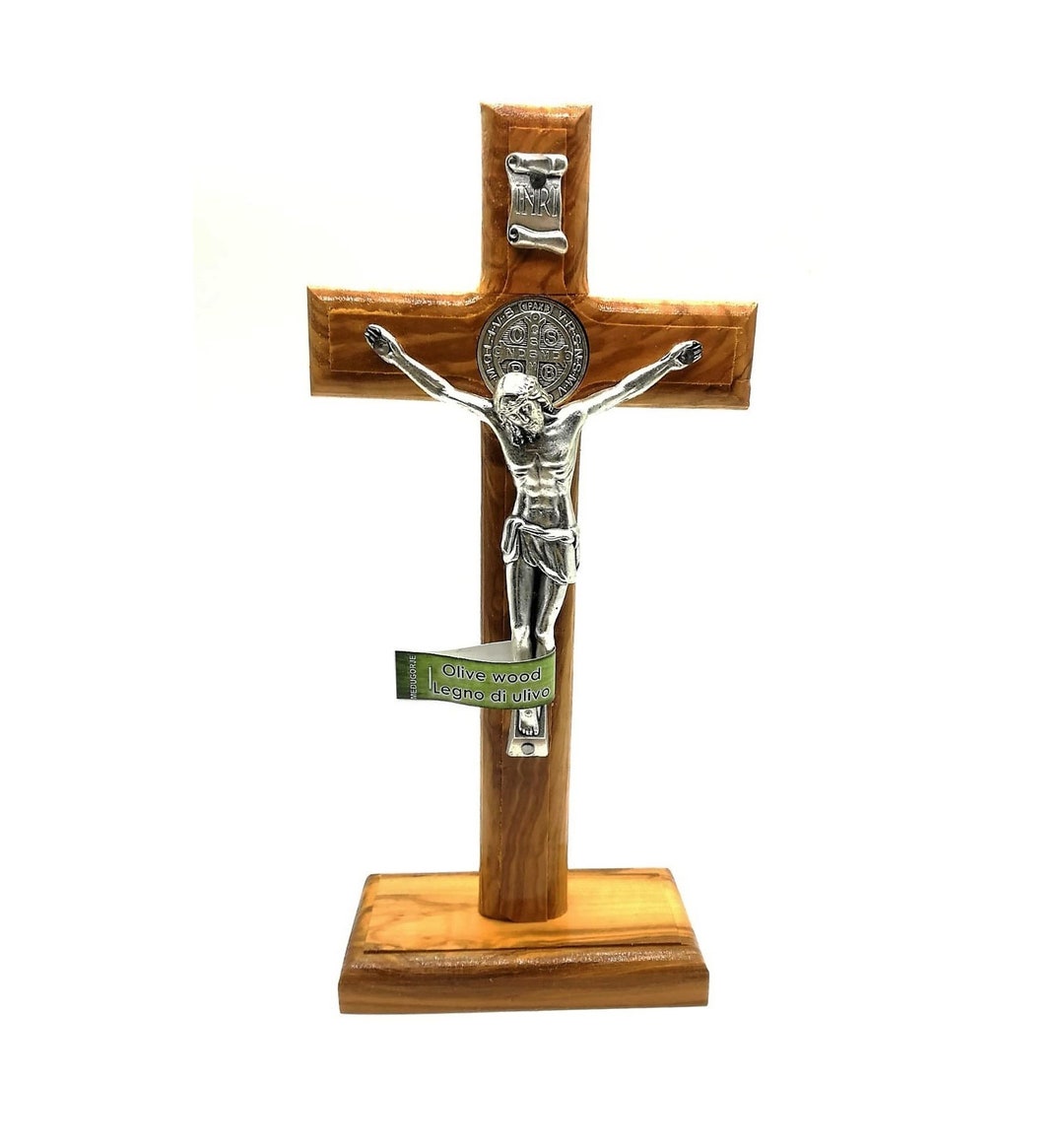 Olive Wood Standing Christian Cross Crucifix for Home St Benedict Table ...