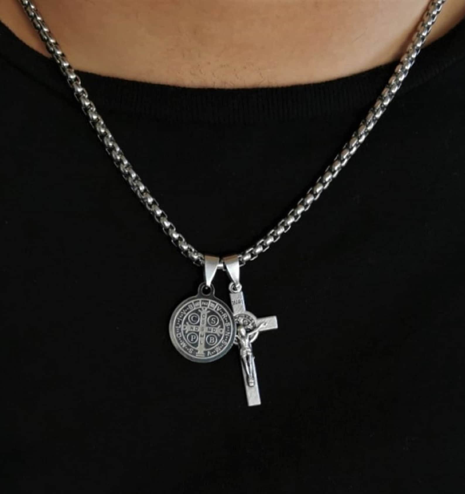 Stainless Steel St Benedict Charm Chain Cross Necklace Catholic Saint ...