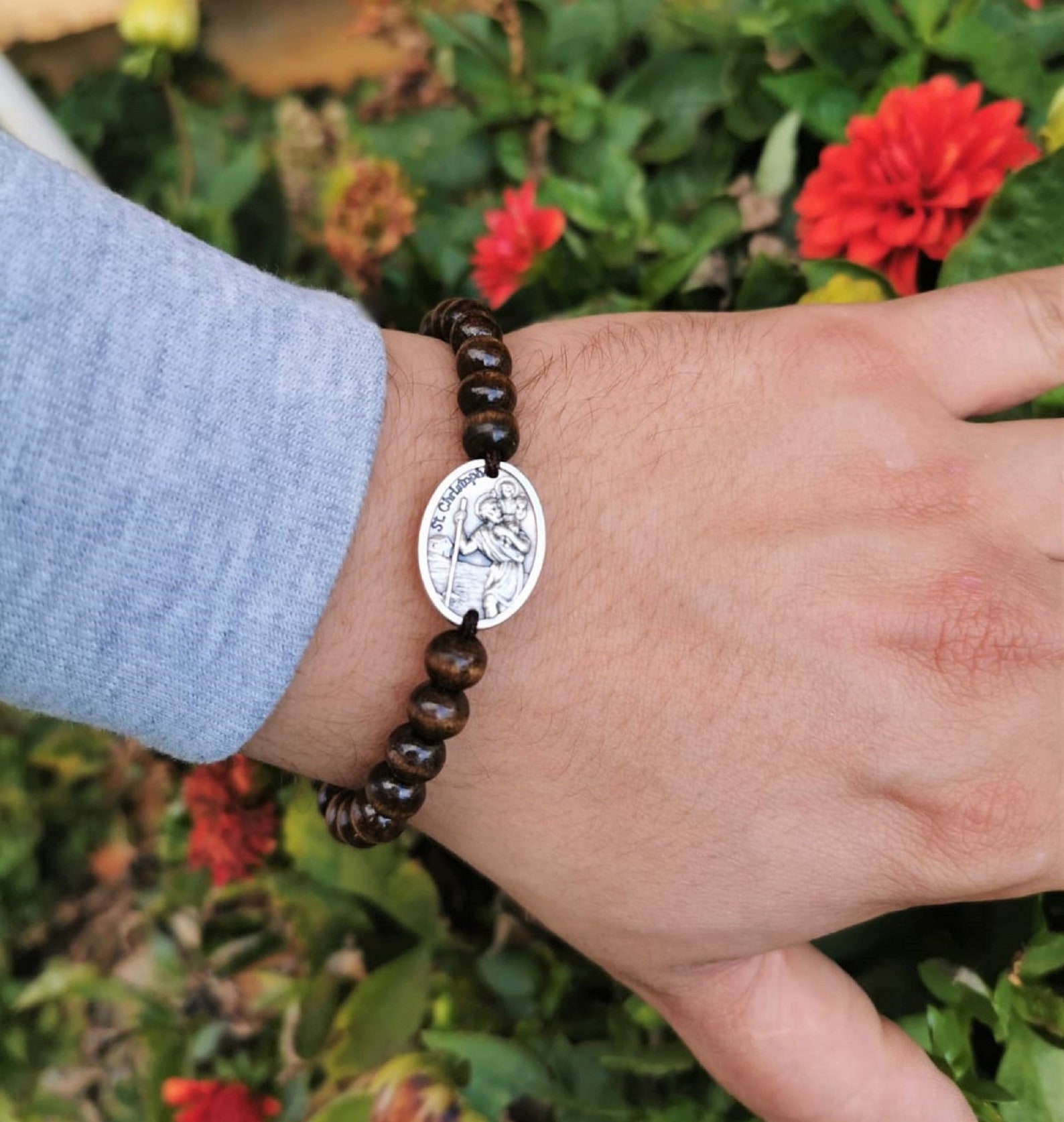 St Christopher Bracelet Wooden Beads Catholic Medal Blessing | Etsy