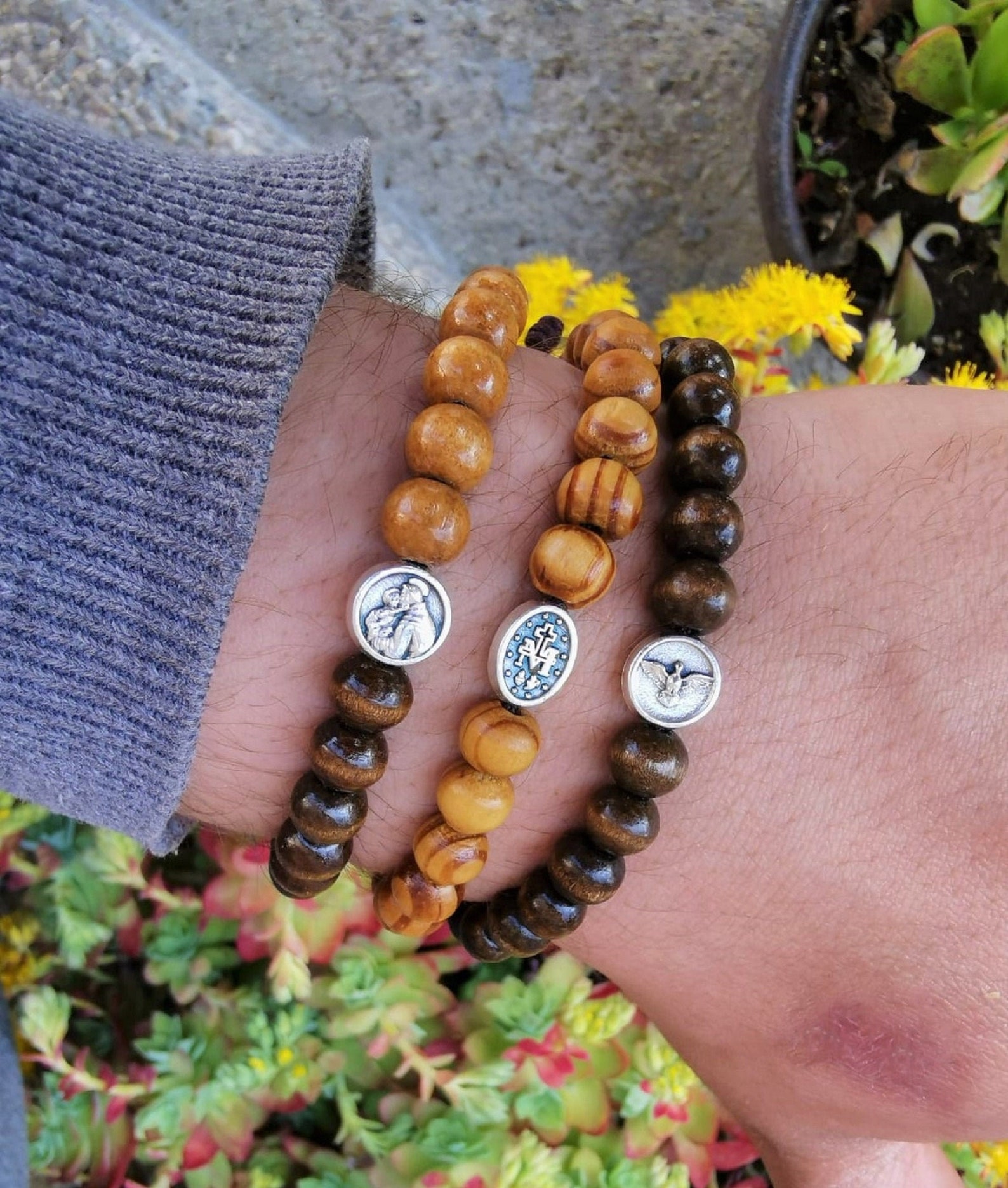 Wooden Beads Catholic Bracelet Patron Saint Medals Christian - Etsy