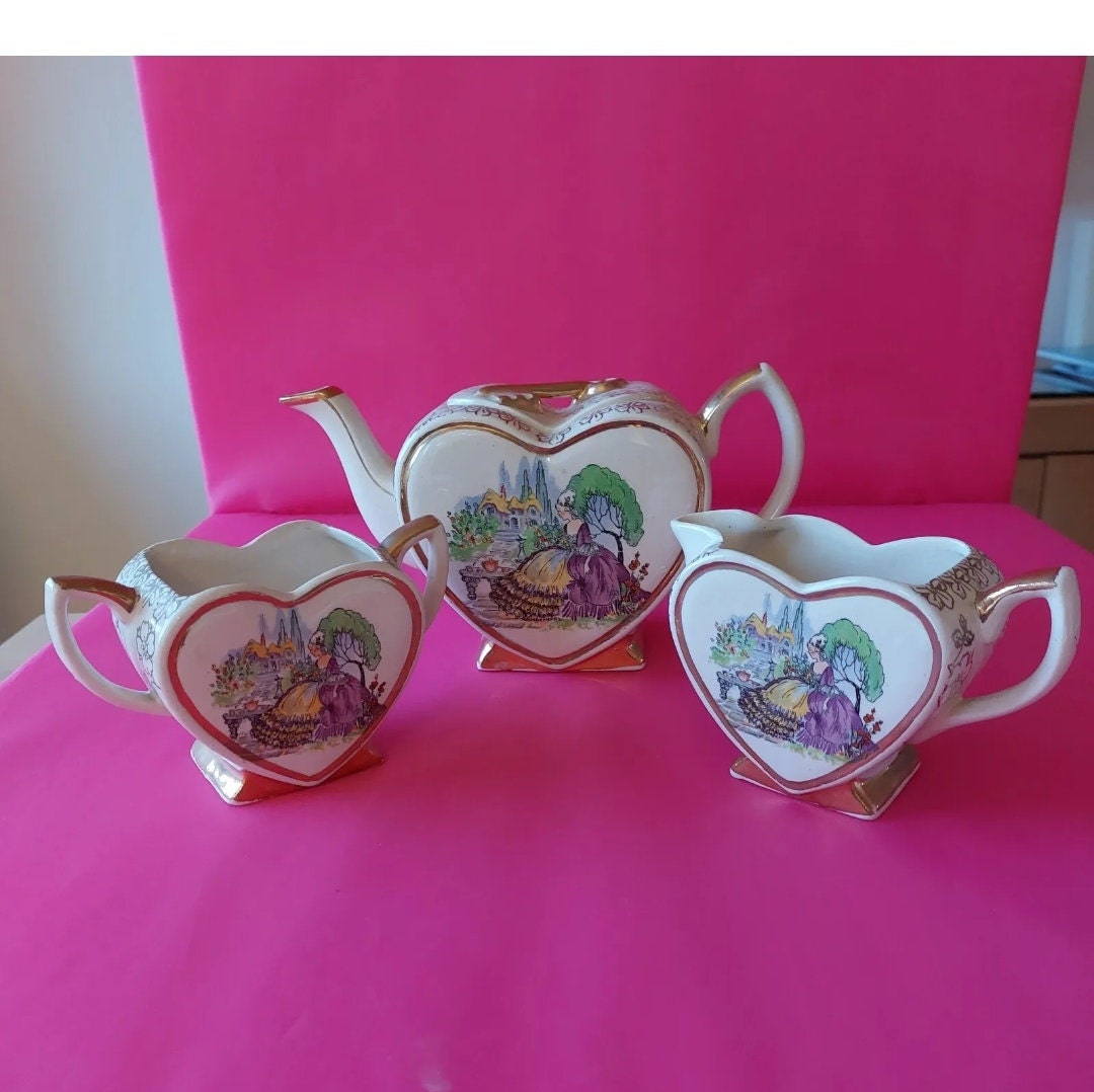 Lingard Webster Tunstall Vintage Heart Teapot Set Purple Crinoline Lady ...