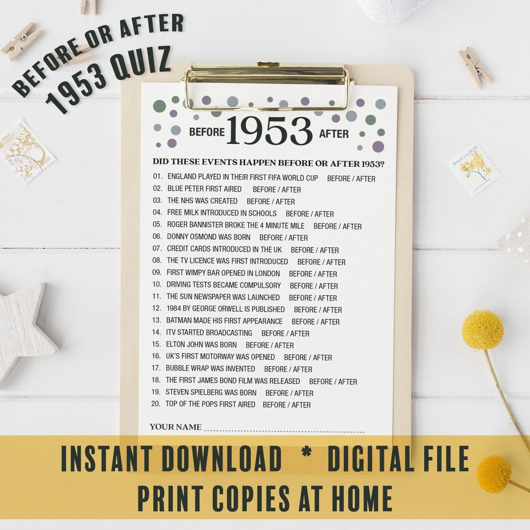 Before or After 1953 Quiz Instant Download Print at Home 70th Birthday ...